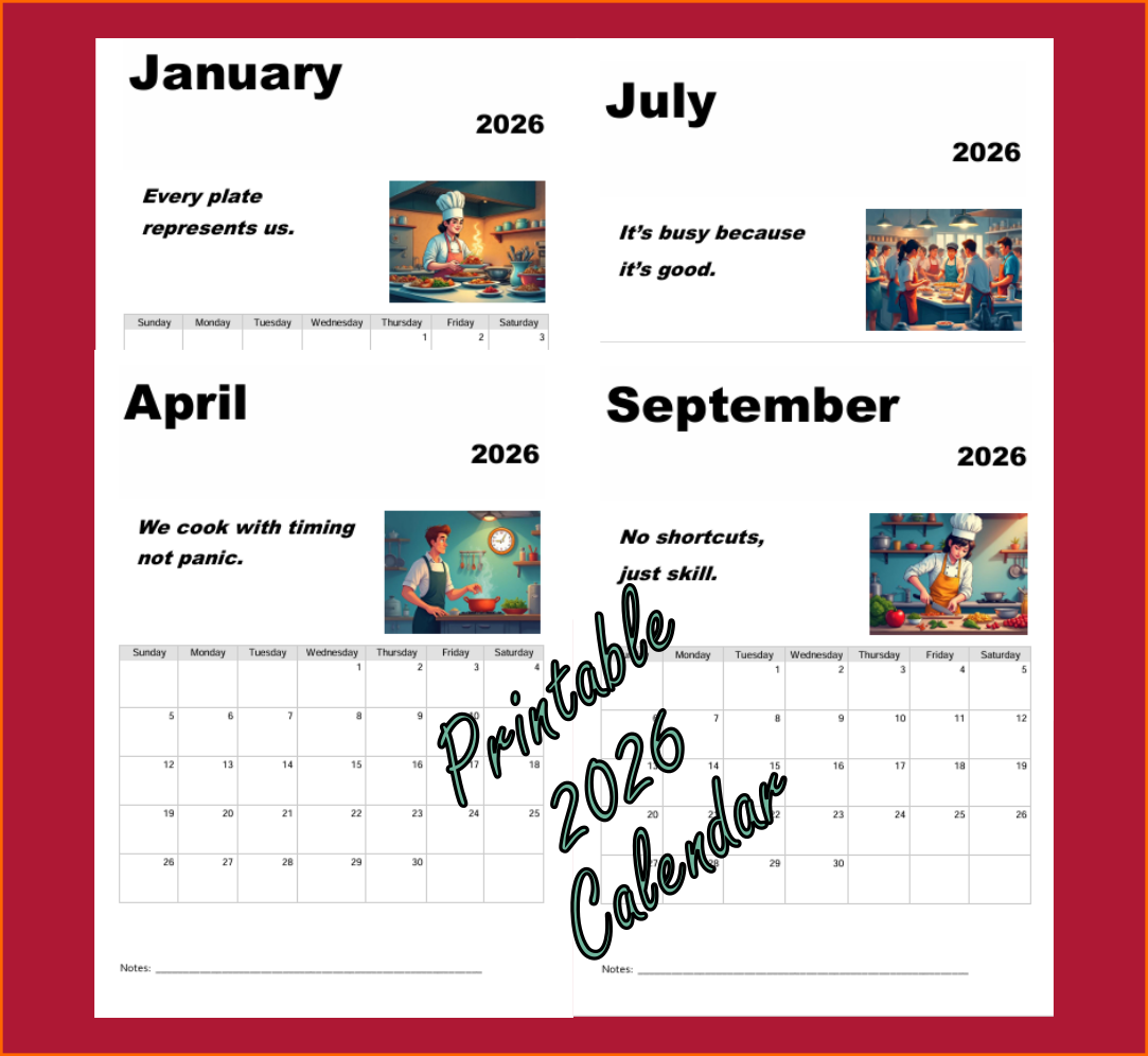 Chef Printable 2026 Wall Calendar - An Insightful Kitchen Life Wall Ca ...