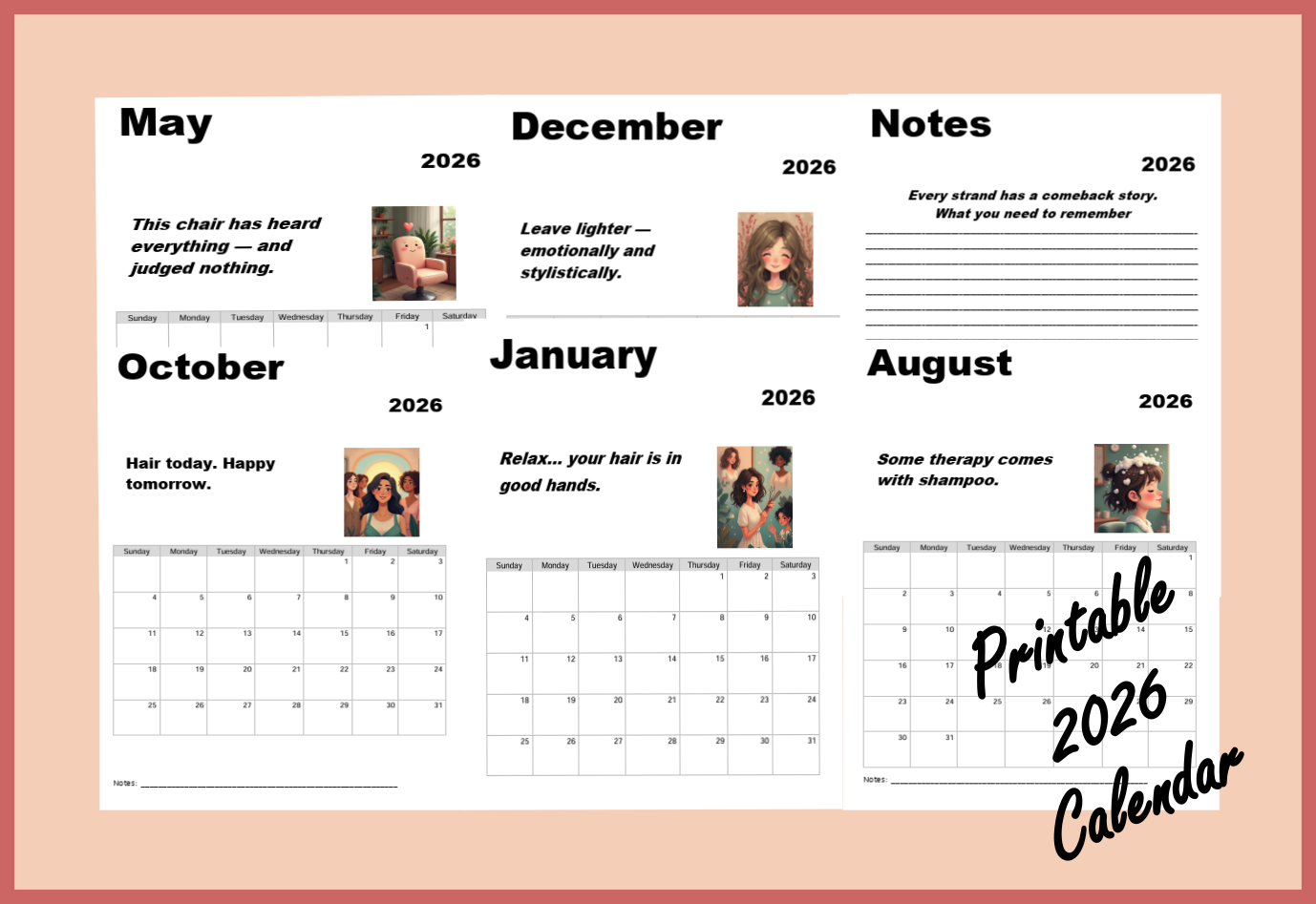 Hairdresser Printable Wall Calendar - Snip, Smile and Shine. Funny, Fe ...